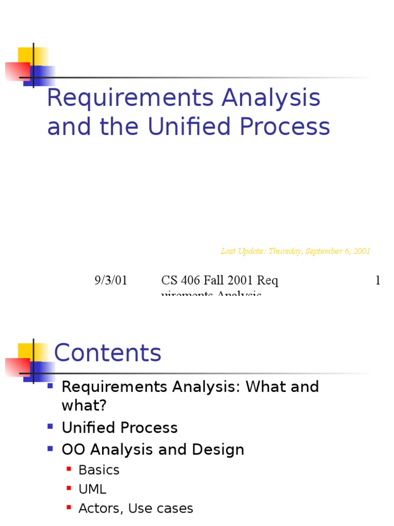 Requirements Analysis and The Unified Process: 9/3/01 CS 406 Fall 2001 ...