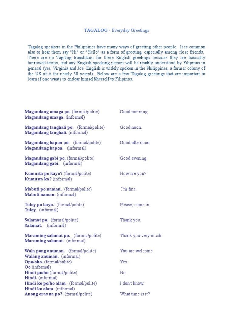 tagalog - everyday greetings | Tagalog Language | Languages Of ...