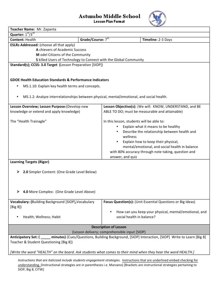 1 1 Health and Wellness Lesson Plan | PDF | Lesson Plan | Cognition