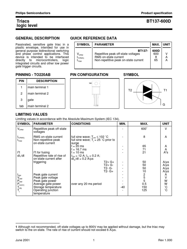 Triac BT137-600D | PDF | Electrical Engineering | Electronics