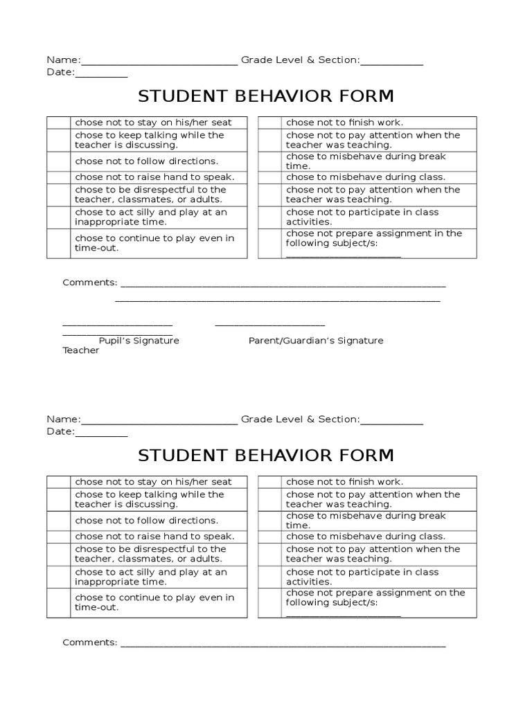 Student Behavior Form: Name: - Grade Level & Section: - Date | PDF