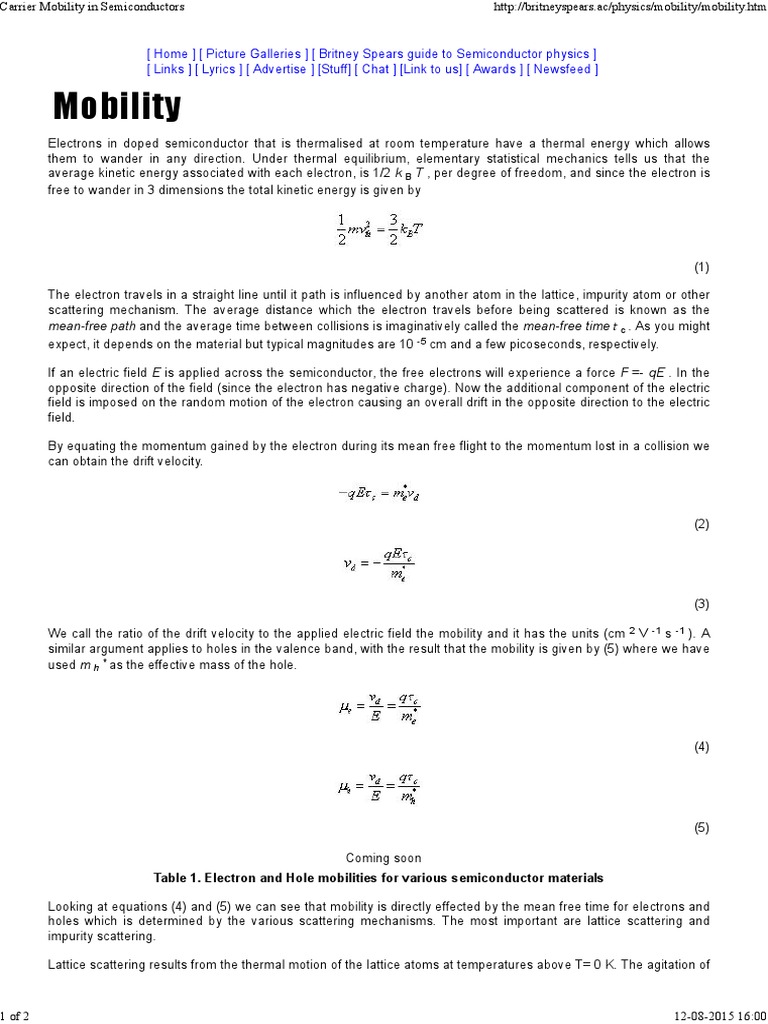Carrier Mobility in Semiconductors | PDF | Teaching Methods & Materials ...