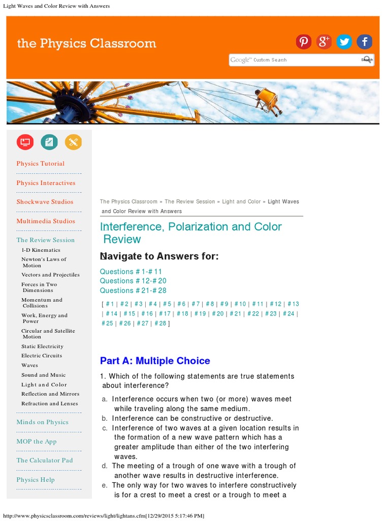 Light Waves and Color Review With Answers | PDF | Polarization (Waves ...