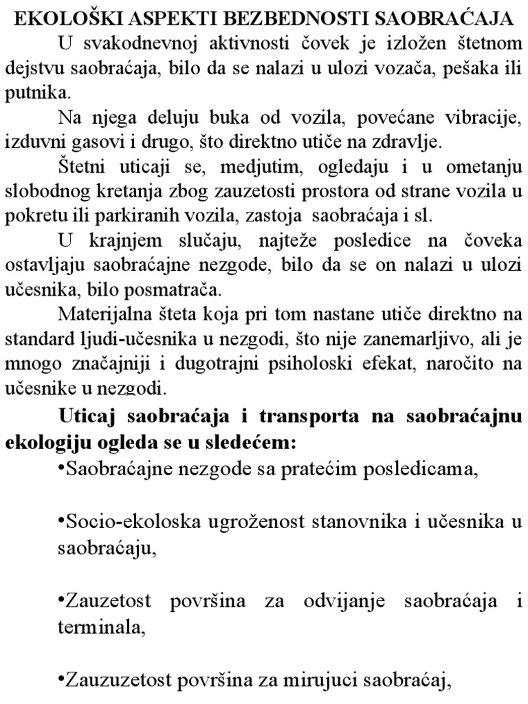 Ekološki Aspekti Bezbednosti Saobraćaja | PDF