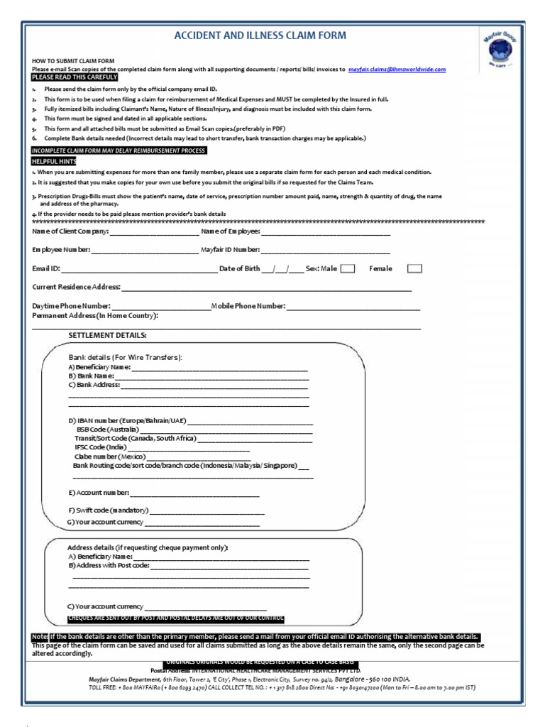 Submit Accident or Illness Claim Form | PDF | Invoice | Insurance