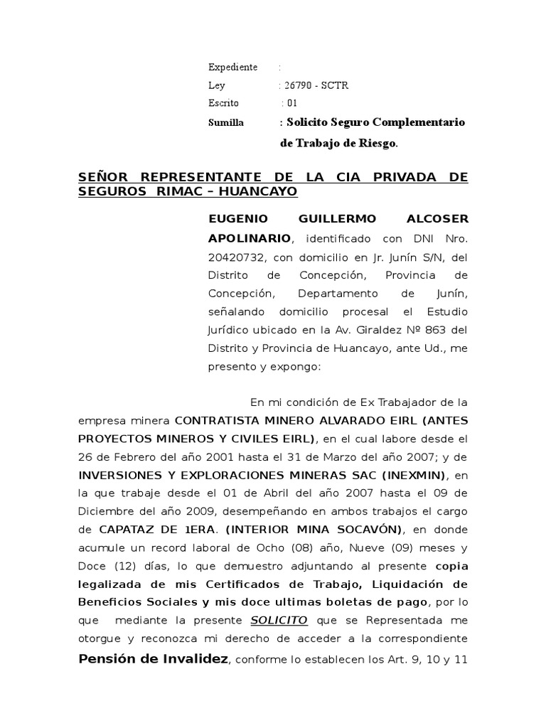 Solicito SCTR - Rimac - Eugenio Alcoser | PDF | Pensión | Estado (política)