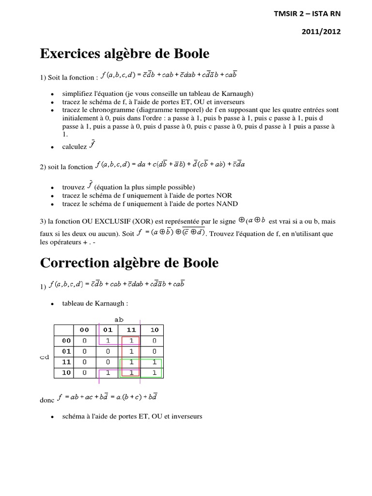 Exercices d'algèbre de Boole et codage | PDF | Algèbre de Boole ...