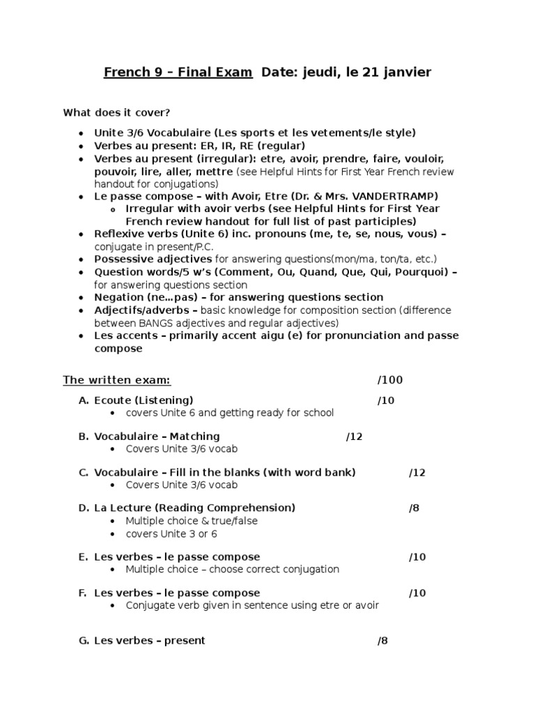 French 9 - Final Exam Outline | PDF | Language Arts & Discipline