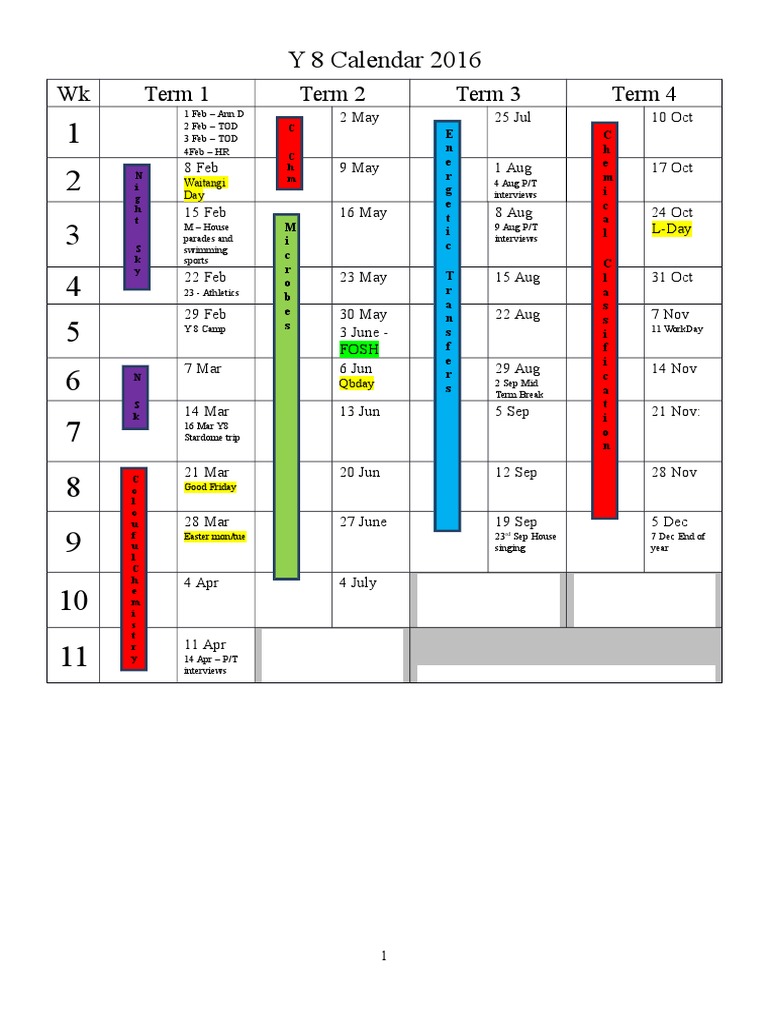 Y 8 2016 Calendar | PDF