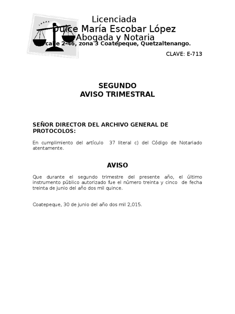 2do. Aviso Trimestral Al Archivo General de Protocolo | PDF