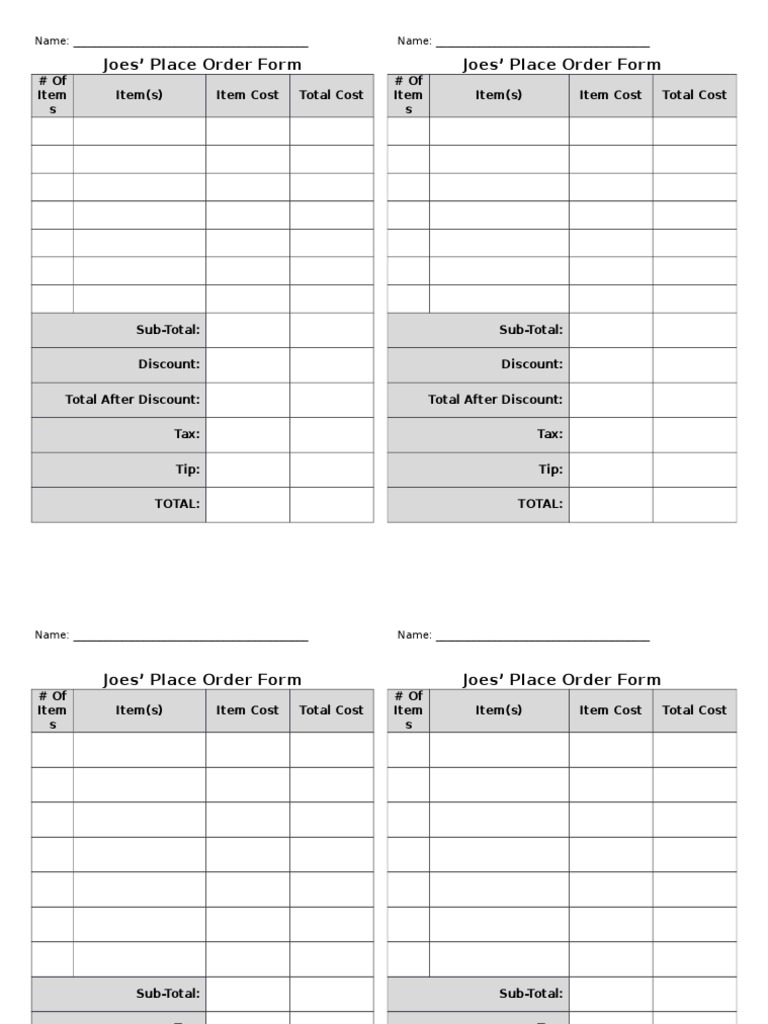 Joe's Place Order Form Template | PDF