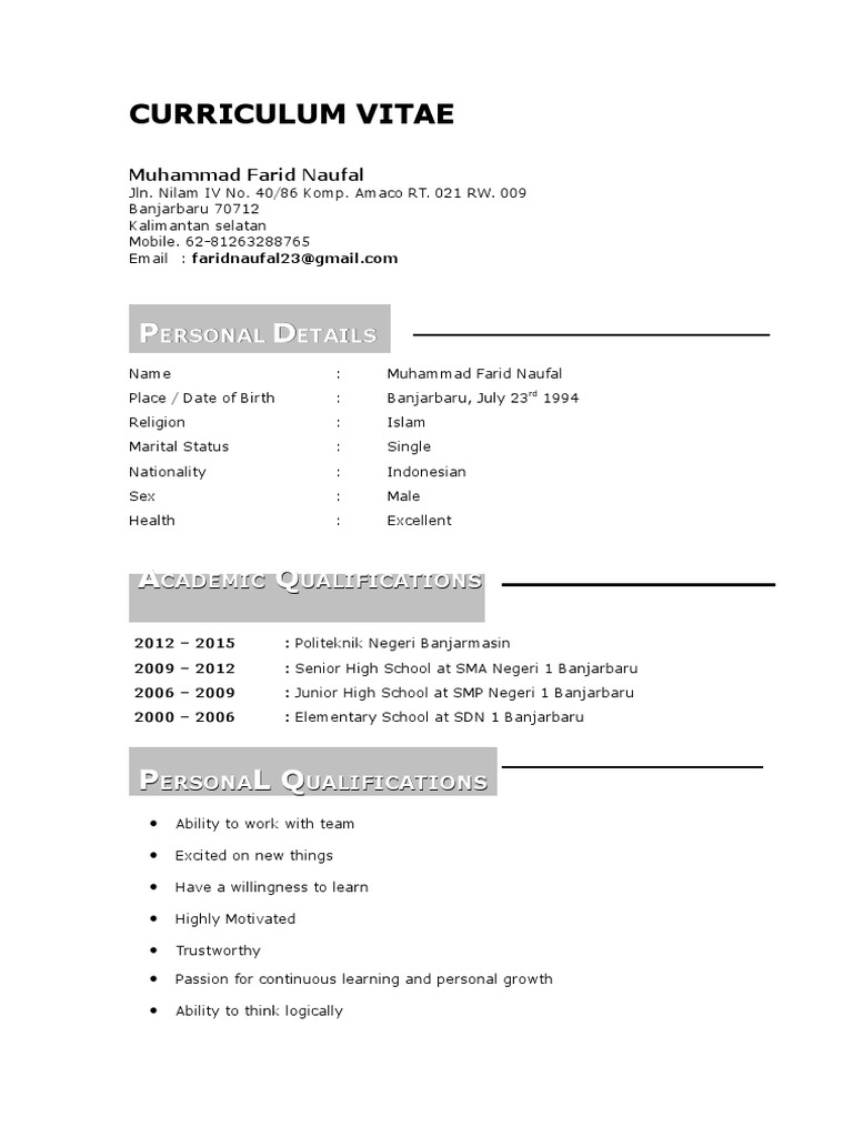 Muhammad Farid Naufal CV Summary | PDF | Wellness