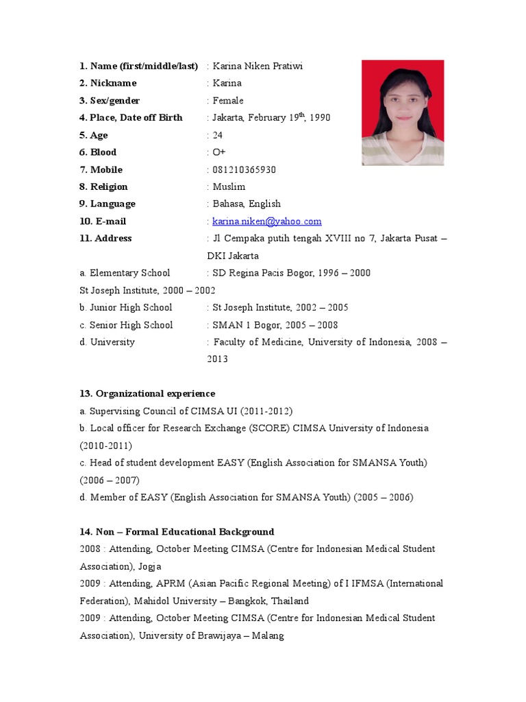 Curriculum Vitae of Karina Niken Pratiwi: An Accomplished Female ...