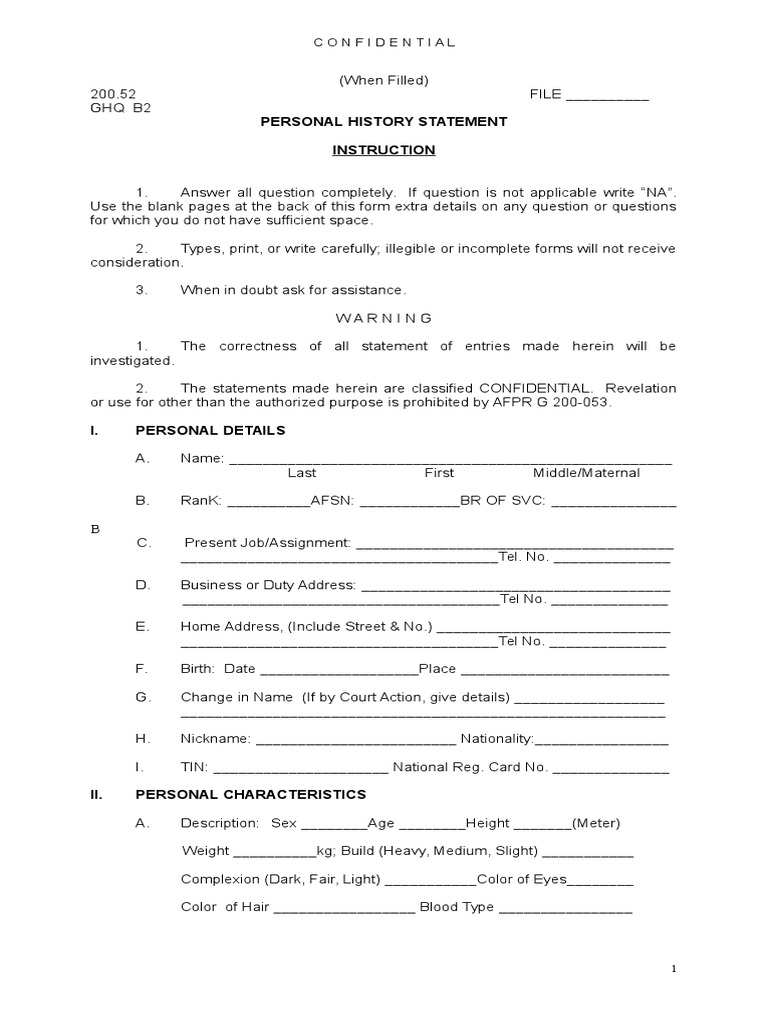 Personal History Statement Form | PDF | Finger | Naturalization