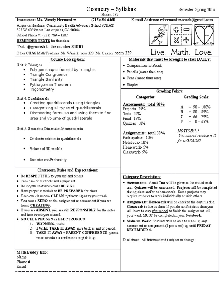 Geometry - Syllabus Spring 2016 | PDF | Homework | Triangle