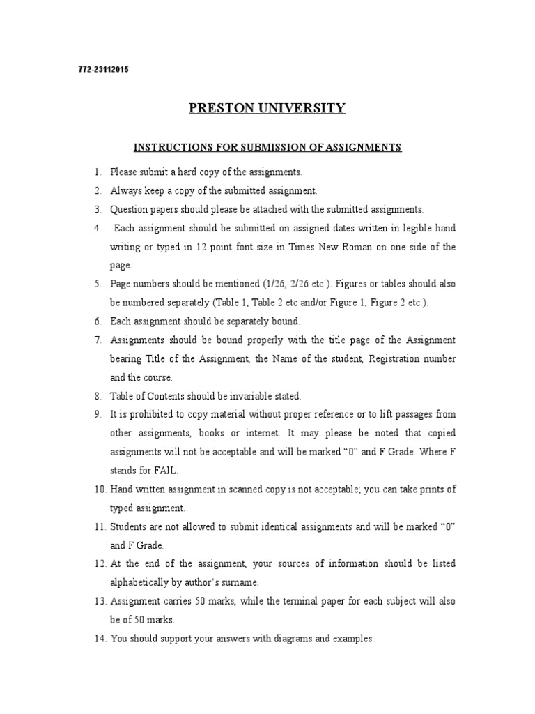 Preston University: Instructions For Submission of Assignments | PDF