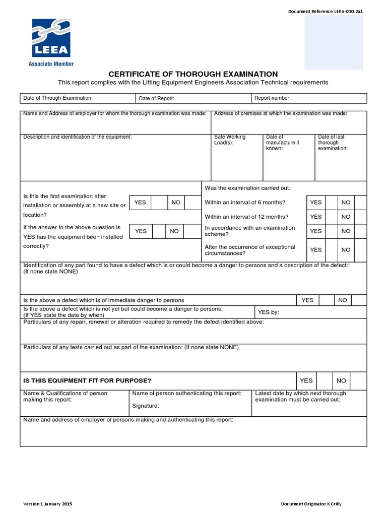 LEEA 030 2a1 Certificate of Thorough Examination (Overseas) (Assc) | PDF