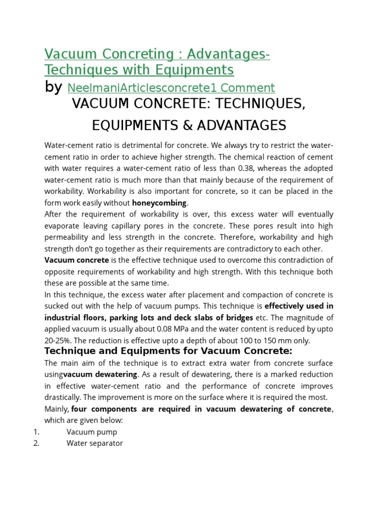 Vacuum Concreting: Advantages-Techniques With Equipments | PDF | Vacuum | Flooring