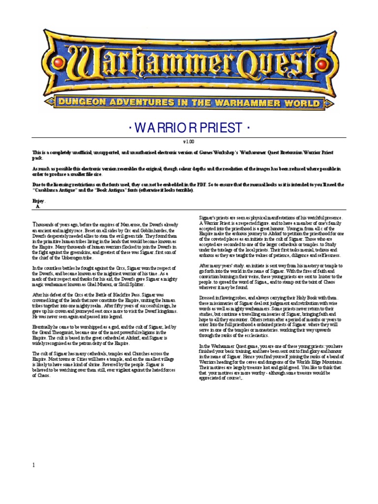 Warhammer Quest Characters) Warrior Priest | PDF | Fantasy | Leisure