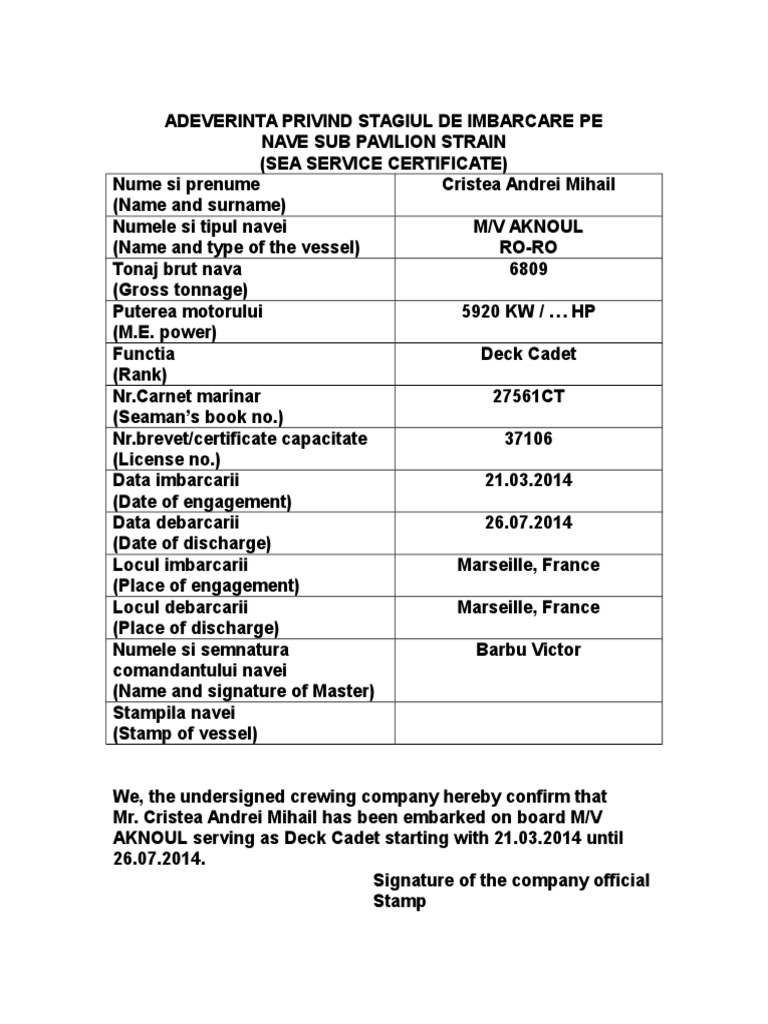 Sea Service Certificate for Deck Cadet | PDF | Business | Home & Garden