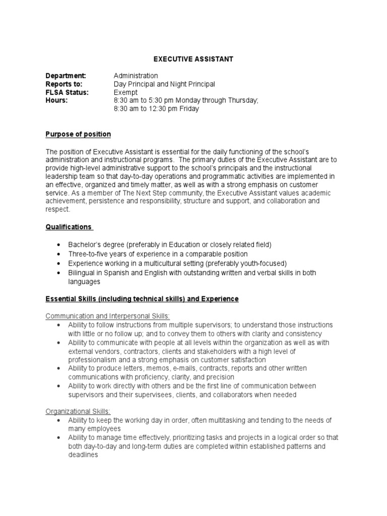 Executive Assistant Job Description | PDF | Leadership | Cognition