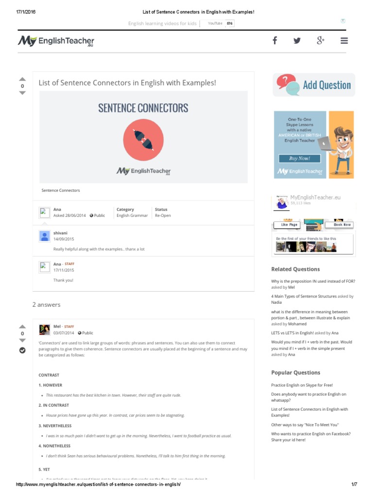 English Sentence Connectors List | PDF | English Grammar | English Language