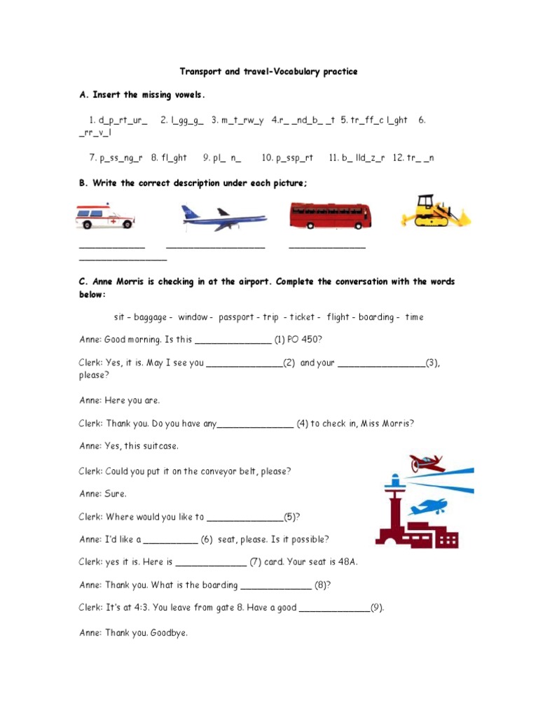 Transport and Travel-Vocabulary Practice A. Insert The Missing Vowels ...