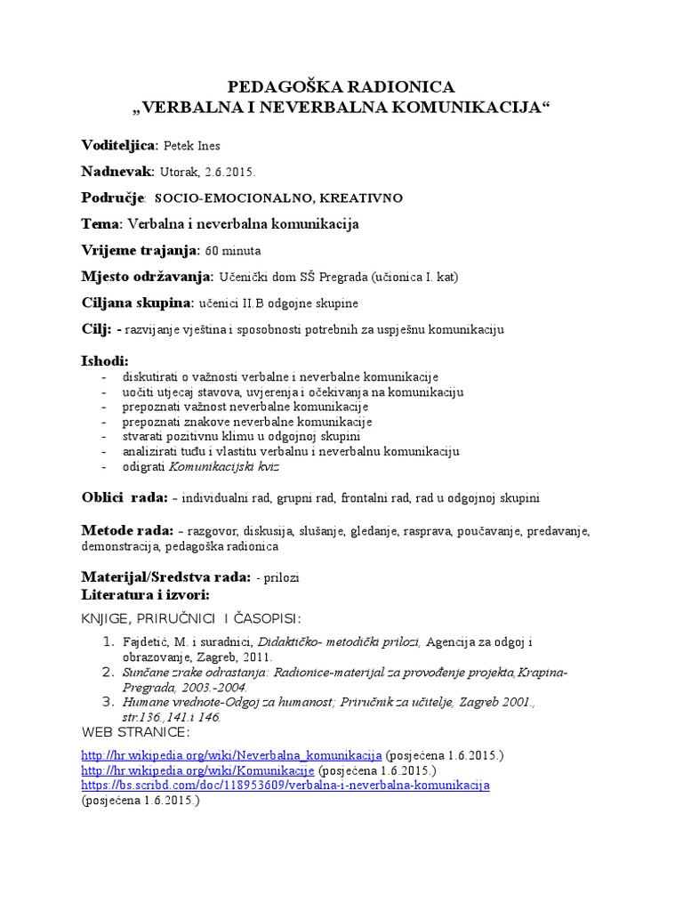 10.PRIPREMA ZA RADIONICU (Verbalna I Neverbalna Komunikacija) | PDF