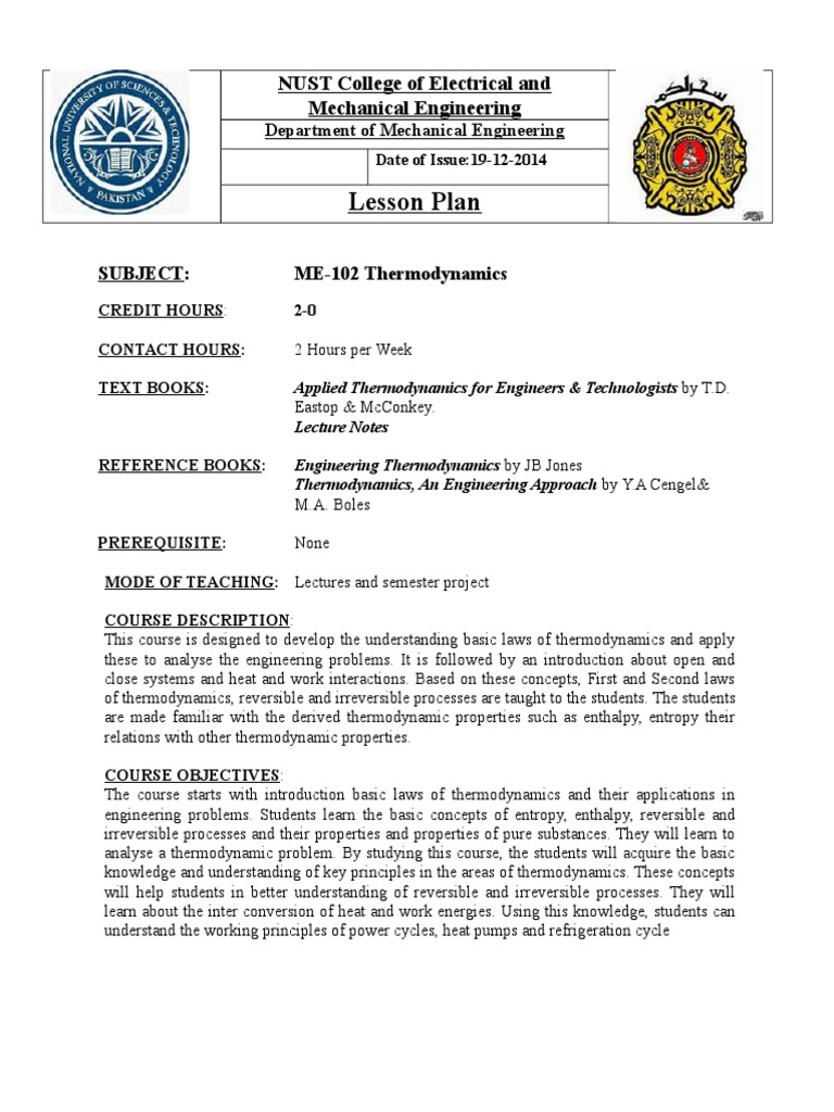 Thermodynamics ME-102 Lesson Plan | PDF | Heat | Thermodynamics