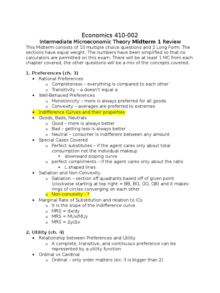 Midterm 1 Review Econ 410 | PDF | Utility | Demand