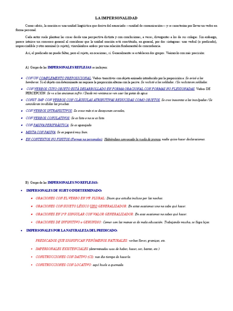 Impersonalidad, Morfemas y Sub. Adverbial | PDF | Predicado (Gramática ...
