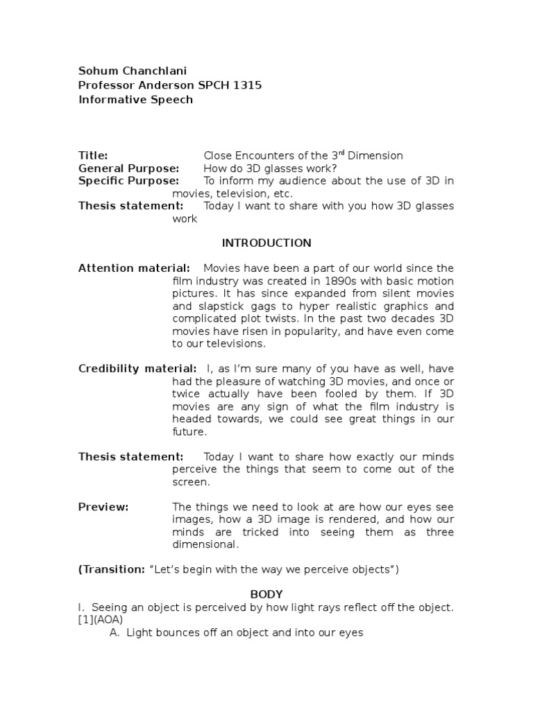 3D Informative Speech Outline | PDF | Stereoscopy | Optics
