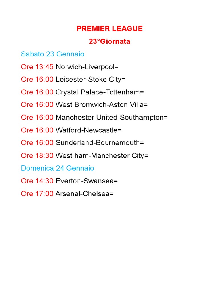 Premier League Match Schedule Jan 23-24 | PDF