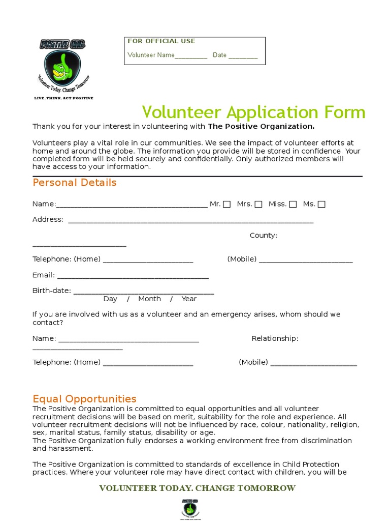 Volunteer Application Form: Personal Details | PDF | Volunteering ...