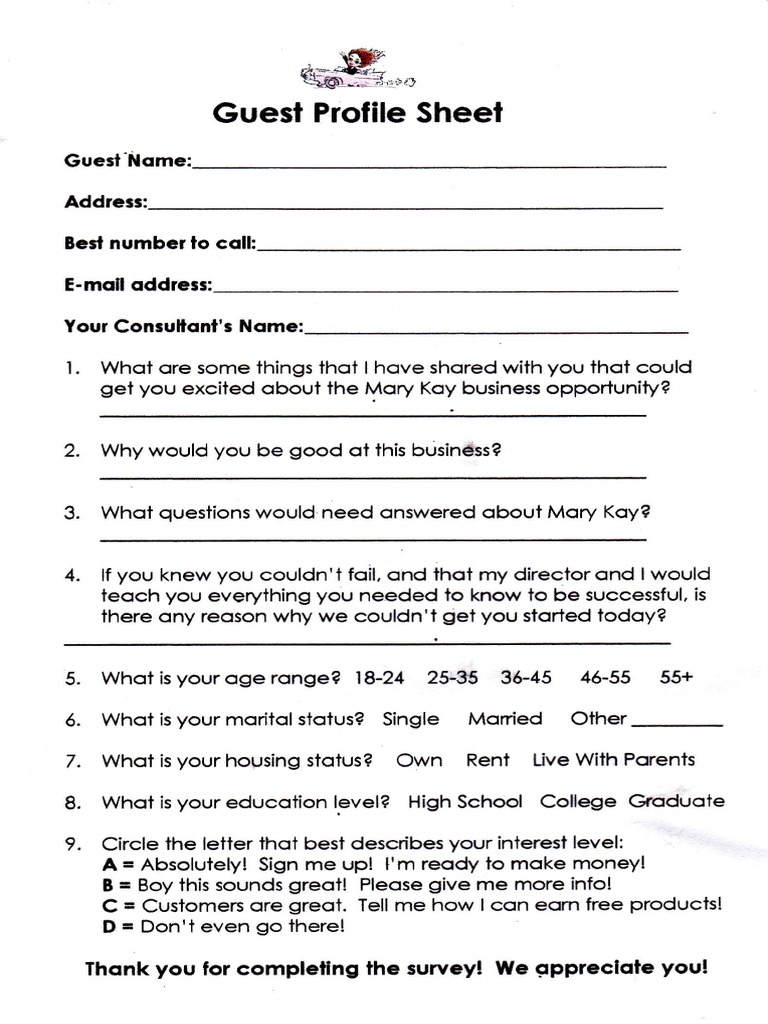 Mary Kay Guest Profile Sheet | PDF