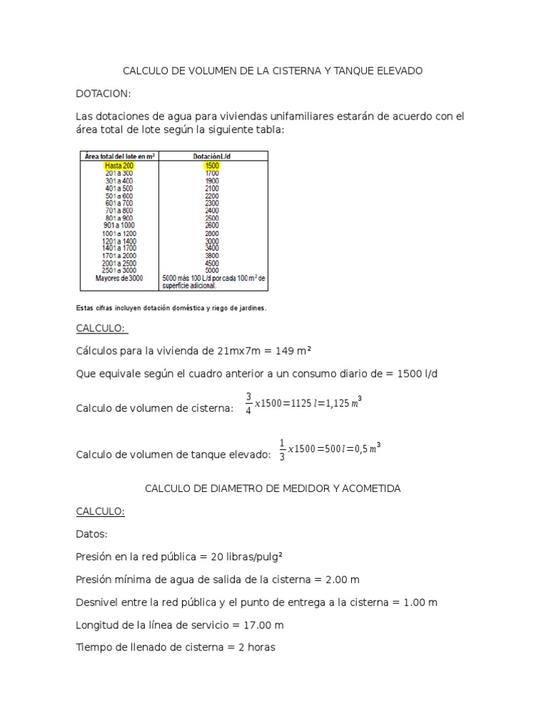 Calculo de Volumen de La Cisterna y Tanque Elevado | PDF | Bomba | Tanques