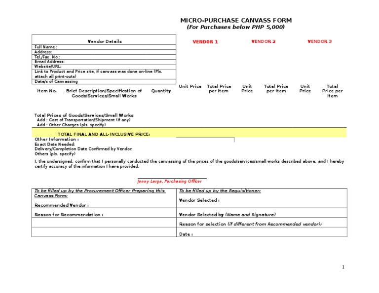 Micro-Purchase Canvass Form Template | PDF