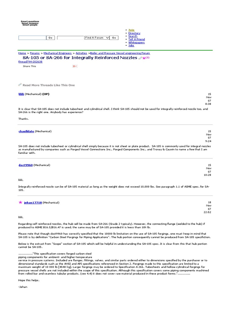 SA-105 or SA-266 For Integrally Reinforced Nozzles: Go Find A Forum Go ...
