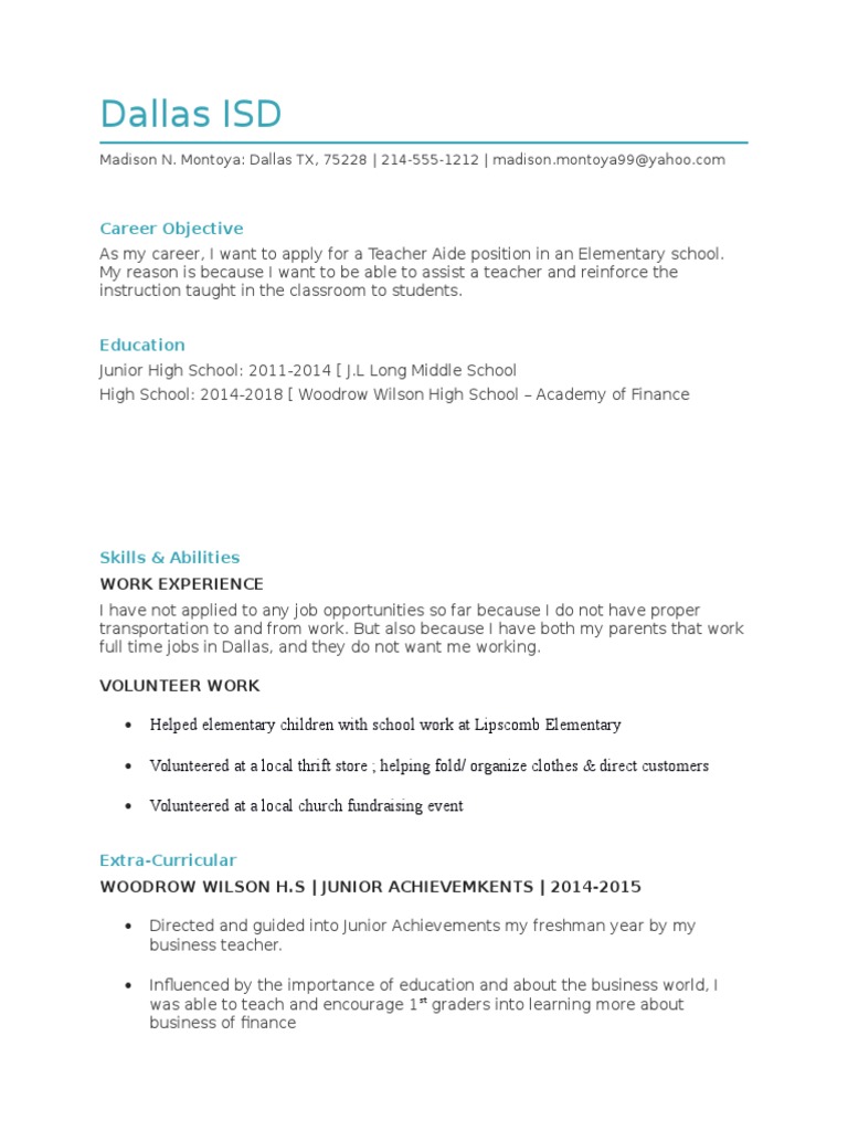 Teacher Aide Resume for Dallas Schools | PDF | Wellness