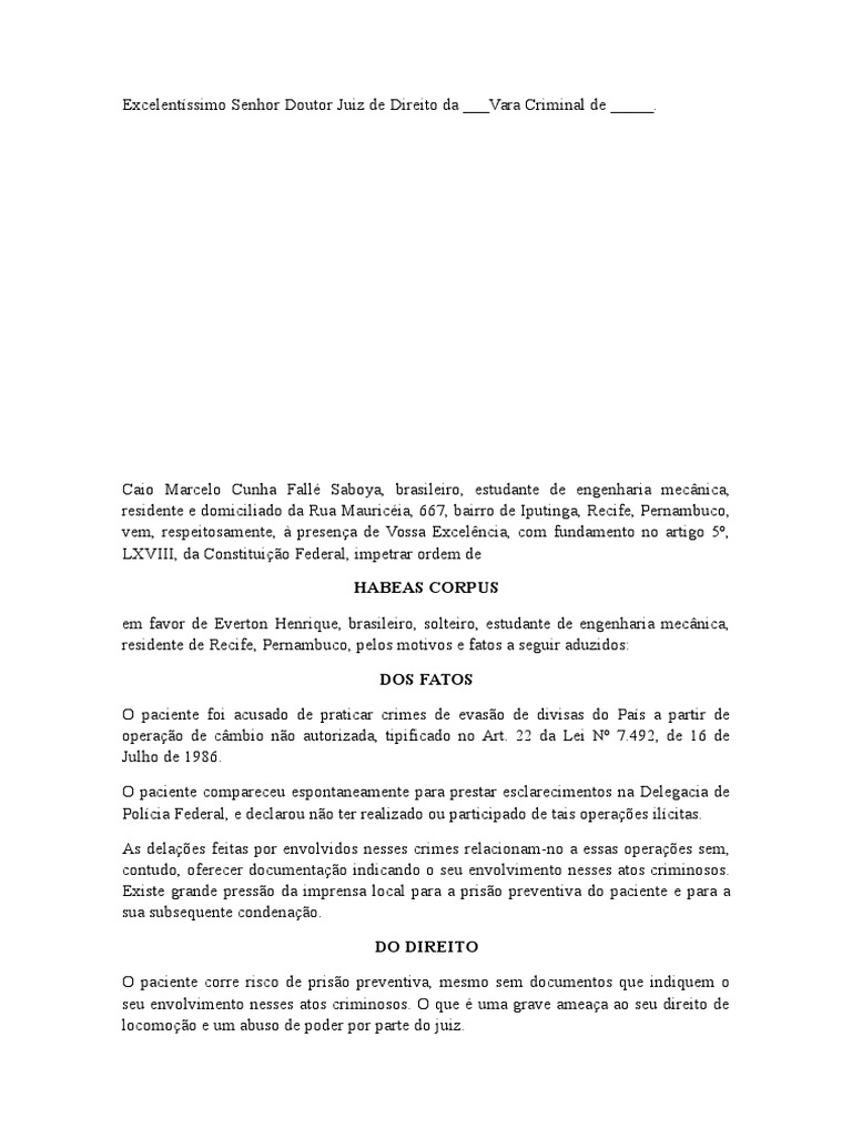 Habeas Corpus Preventivo Habeas Corpus Procedimento Criminal
