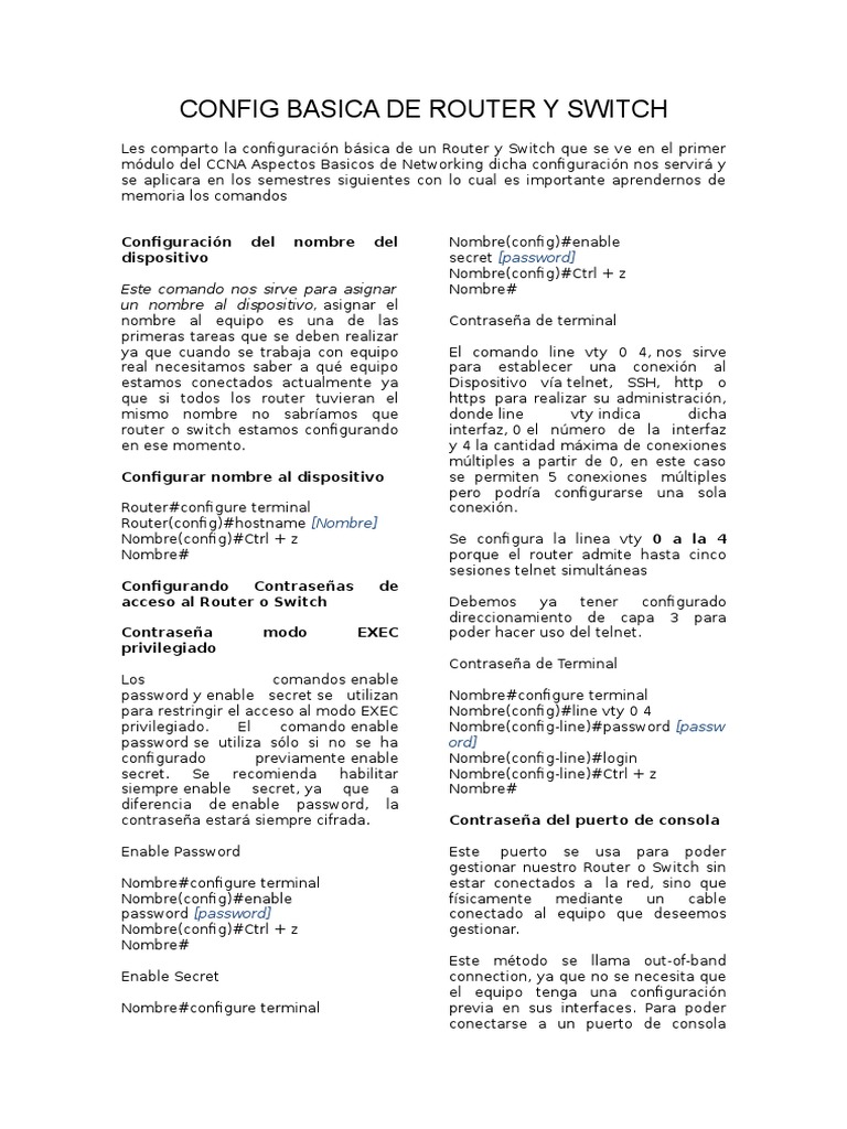 Config Basica de Router y Switch0 | PDF | Contraseña | Dirección IP