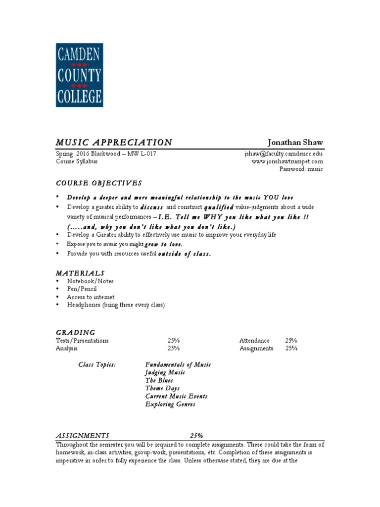 Music Appreciation Course Syllabus | PDF | Alternative Education ...