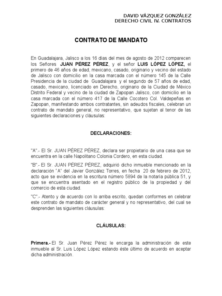Ejemplo de Contrato de Mandato | PDF | México | Propiedad