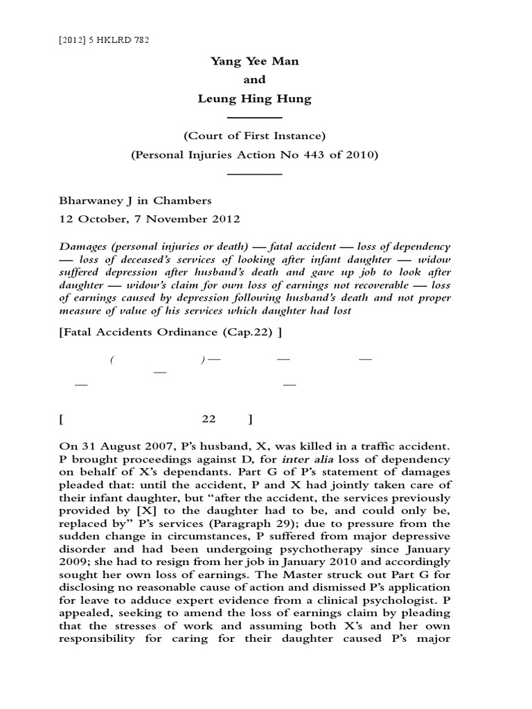 Yang Yee Man V Leung Hing Hung | PDF | Damages | Psychologist