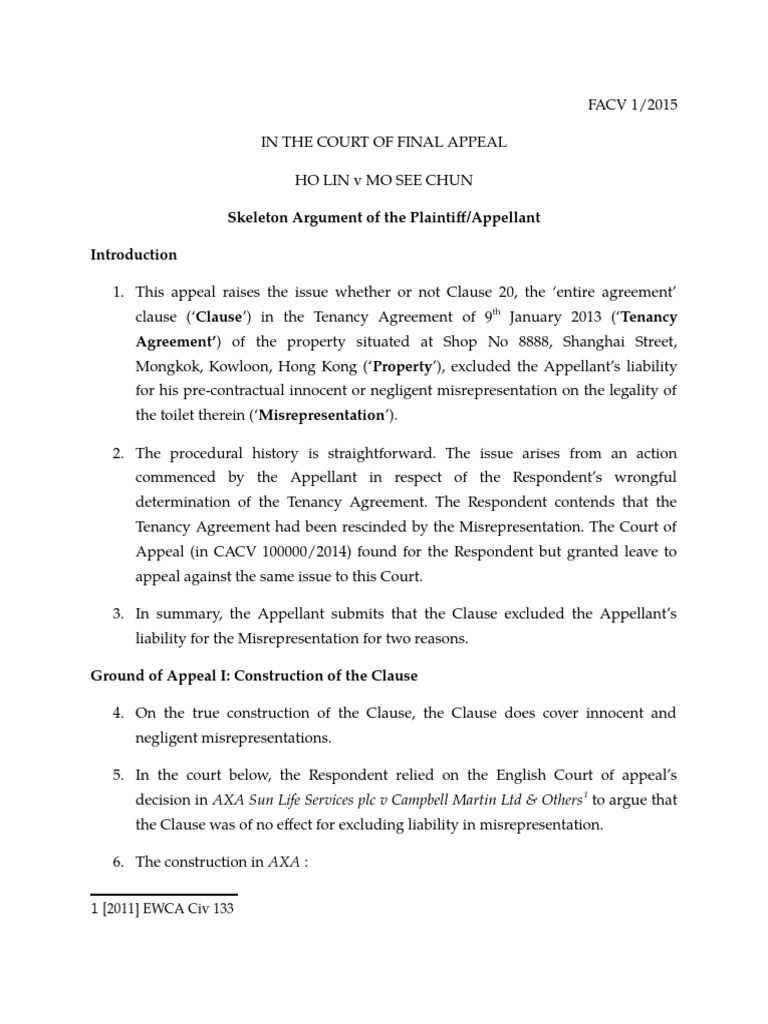 Skeleton Argument of The Plaintiff/Appellant: 1 (2011) EWCA Civ 133 ...