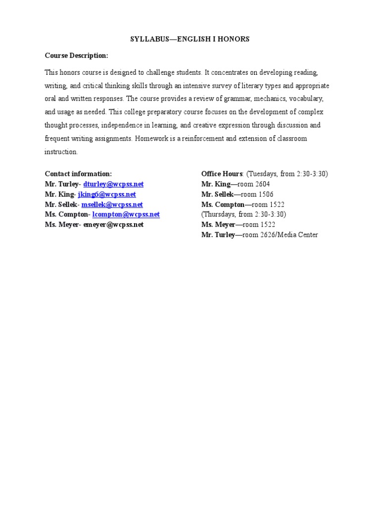 English I Honors Syllabus 2015-16 | PDF | Homework | Test (Assessment)