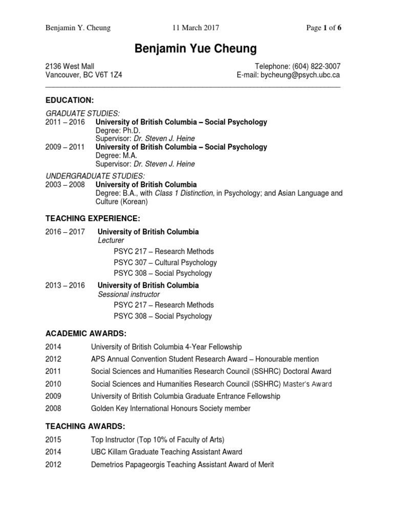 Benjamin Cheung CV | PDF | Teaching Assistant | Postgraduate Education