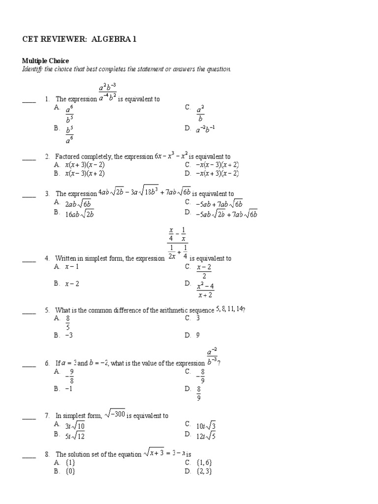 Cet Reviewer: Algebra 1: Identify The Choice That Best Completes The ...