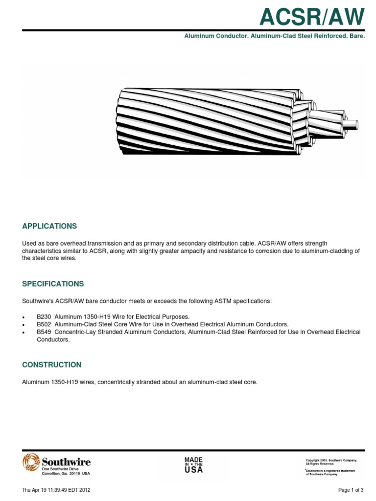 Southwire Bare Acsr Aw | PDF | Electrical Wiring | Physical Quantities