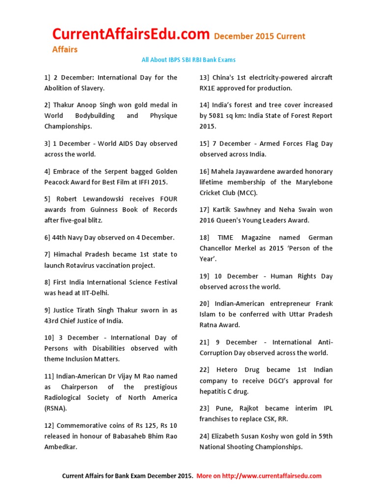 December 2015 Bank Exam Current Affairs | PDF | Science & Mathematics